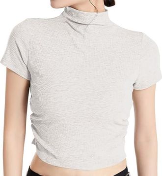 Generic Hauts courts d&eacute;contract&eacute;s &agrave; manches courtes pour femme - Coupe ample - Col haut - Tendance - Minceur - Flatteuse - Demi-chemises de sortie - T-shirt m