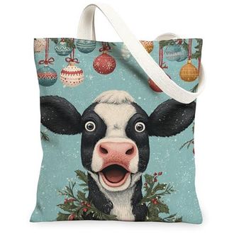 Generic Sacs fourre-tout en toile de vache de No&euml;l, sacs d&eacute;picerie r&eacute;utilisables, l&eacute;gers et lavables pour lhiver, pour voyage, plage, bleu, 13x15 Inch