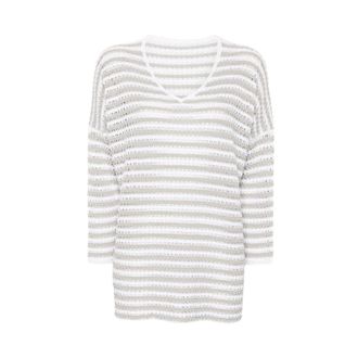 Le Tricot Perugia Gestreifter Leinen Baumwollpullover - - Knitwear - Damen - Grau - XL