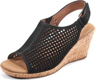 Rockport Womens Briah PERF Sling Wedge Sandal, Black Nubuck, 5 W US