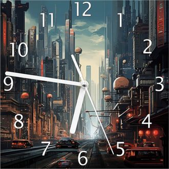 Wallario Design-Wanduhr Technologie-Metropole aus Glas, Motiv-Uhr Größe 20 x 20 cm, weiße Zeiger