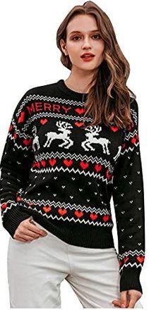 Generic Pull ample en tricot &agrave; manches longues et col rond pour femme Motif faon 2026, Noir, S