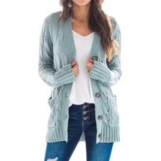 Generic Cardigan dautomne d&eacute;contract&eacute; &agrave; manches longues boutonn&eacute; sur le devant pour femme, cardigan ample &agrave; boutons avec poches, Vert, 4XL
