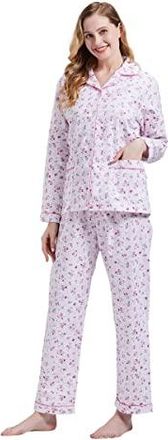 Global Femme Pyjama Flanelle Manches Long |Ensembles de Pyjama Coton |Chemises de Nuit Bouton | Chaleureux Vêtements de Nuit Confortable |Fleur Rose Fantaisi