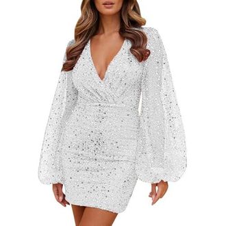 Generic Robe de soir&eacute;e pour femme avec col en V profond et manches longues &agrave; paillettes, blanc, XXL