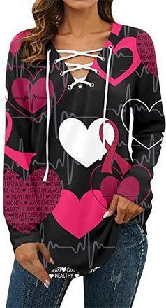 Generic T-shirt &agrave; col en V pour femmes 2026 avec imprim&eacute; &agrave; lacets et manches longues pour la Saint-Valentin, vert militaire, XXL