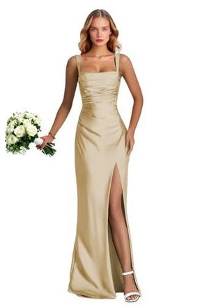 Generic Robe de demoiselle dhonneur en satin pour femme - Robe de bal sir&egrave;ne - Bretelles spaghetti - Corset long pliss&eacute; - Robe de soir&eacute;e formelle avec fente, 