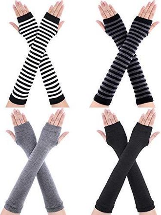 Satinior 4 Paires Gants Longs sans Doigts Gants à Longueur de Coude Chauds avec Trou de Pouce pour Femmes (Jeu de Couleur 1)