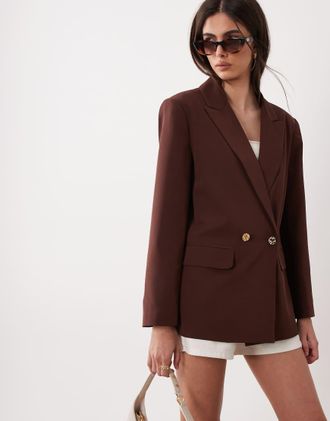 Miss Selfridge Blazer &agrave; double boutonnage - Chocolat-Brown