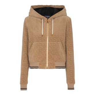 Balmain Femme, Sweatshirts et sweats &agrave; capuche, Beige, Taille: 42 FR Veste &agrave; capuche en veours monogramme PB Labyrinthe
