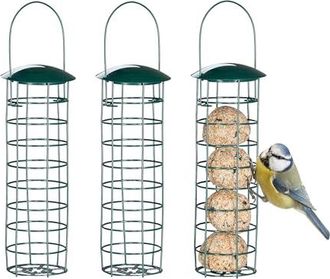 Relaxdays Meisenknödelhalter 3er Set, zum Aufhängen, HxD 31x8,5 cm, Vogelfutterspender für Wildvögel, Metall, dunkelgrün