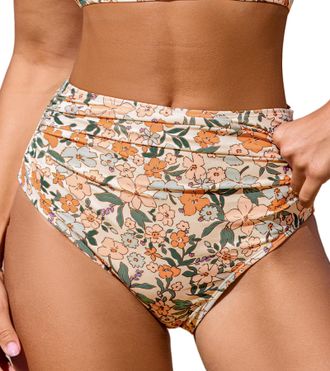 Cupshe Damen Bikinihose High Waist Bauchweg Raffung Cheeky Badehose Bikini Slip Apricot/Blumen L