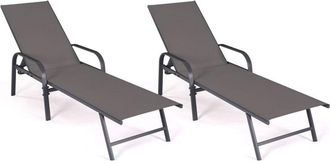 IDMarket Lot de 2 transats de jardin inclinables FIDJI en acier gris anthracite et toile grise