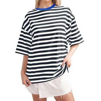 Generic T-shirt &agrave; rayures d&eacute;contract&eacute; pour femme avec col rond et manches courtes pour le printemps. T-shirt ray&eacute; minimaliste et confortable, Noir, XXL
