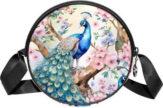 Generic Petit sac &agrave; bandouli&egrave;re Circle pour femme, motif paon et cerise, petit sac &agrave; dos &agrave; bandouli&egrave;re avec fermeture &eacute;clair, bretelles r&eacute;glables, sac &agrave; main 