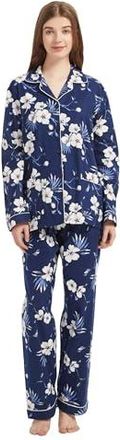 Global Femme Pyjama Flanelle Manches Long Ensembles de Pyjama Coton Chemises de Nuit Bouton Chaleureux Vêtements de Nuit Confortable,Bleu,Fleurs Blanches,3XL