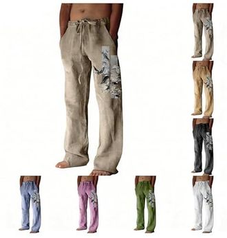 Generic Pantalon d&eacute;t&eacute; long en lin pour homme - Pantalon de loisirs avec taille &eacute;lastique - Pantalon en lin avec imprim&eacute; - Pantalon de plage respirant - Pantal