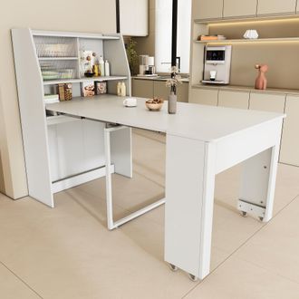 Generic Rechteckiger Esstisch 52/132x80x76cm mit Glast&uuml;r Regale Stauraum Einweg-Ausziehtisch Platzsparender Coffee Lounge Tisch f&uuml;r Esszimmer Stauschrank K&uuml;ch
