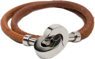 Herm&egrave;s Tan Palladium Plated and Leather Lancelot Double Tour Bracelet