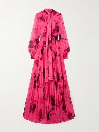 Erdem Robe Du Soir En Voile &Agrave; Imprim&eacute; Fleuri Et &Agrave; Liens - Rouge