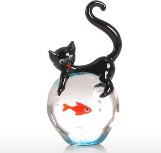Generic Figurine en verre souffl&eacute; &agrave; la main en forme de chat et poisson rouge D&eacute;coration dint&eacute;rieur Noir et rouge