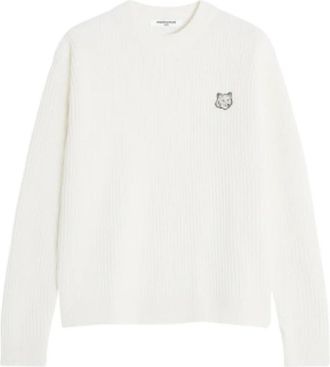 Maison Kitsun&eacute; Homme, Pulls, Blanc, Taille: S Fox Head Wool Ribbed Jumper