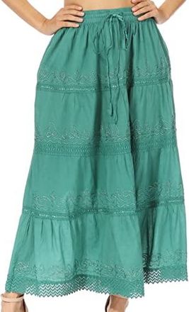 Sakkas 754M Jupe Coton Mi-Longue Brod&eacute;e Solide Gitane/Boh&eacute;mienne - Vert/Taille Unique