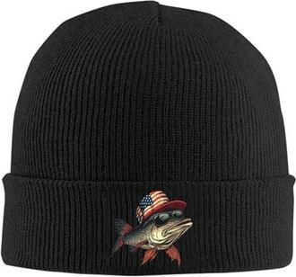 Generic Bonnet en Tricot Poisson Gar, P&ecirc;che Aux &Eacute;tats-Unis avec Drapeau Am&eacute;ricain Classique Bonnets Mode Bonnet Hiver pour Randonn&eacute;e Ski lescalade