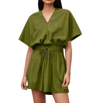 Generic Combinaison d&eacute;t&eacute; pour femme avec col en V et manches courtes - Taille smock&eacute;e - Jambe droite - Combinaison d&eacute;t&eacute; - Grenouill&egrave;re - Tenue de vacances de 