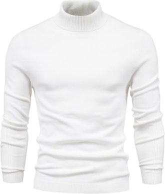 Generic Chemises &agrave; col roul&eacute; pour homme, style d&eacute;contract&eacute;, en tricot, coupe ajust&eacute;e, t-shirt basique &agrave; manches longues, pull c&ocirc;tel&eacute; l&eacute;ger, blanc, XXL