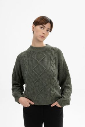 Mela Damen vegan Zopfstrickpullover Samaira Gr&uuml;n Meliert