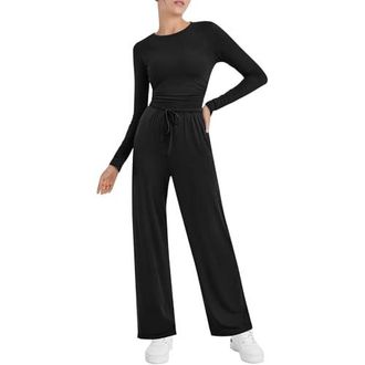 Generic Costume extensible pour femme - Tenue dautomne deux pi&egrave;ces - Surv&ecirc;tement &agrave; manches longues - Haut court &agrave; manches longues - T-shirt - Pantalon large -
