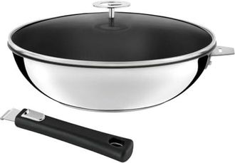 Cuisinox Malice - Wok 28 cm avec rev&ecirc;tement c&eacute;ramique, couvercle et poign&eacute;e noire - Fond sandwich - Compatible tous feux dont induction - Acier Inox 18/10 - Fi