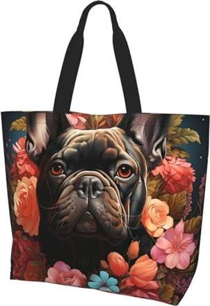 Generic Bouledogue Et Fleurs Sac Fourre-Tout L&eacute;ger Tote Bag D&eacute;contract&eacute; Sac Cabas Pour Quotidienne Voyage Shopping