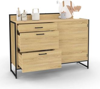 IDMarket Buffet bas de cuisine 120 cm casserolier DETROIT plan de travail H.83 cm 1 porte + 3 tiroirs design industriel