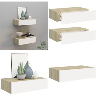 vidaXL Wandregale mit Schubladen 2 Stk. Eichen-Optik Wei&szlig; 40x23,5x10cm - Wand Regal - Regal Mit Schublade - Holz Regal - Eichene Optik - Wohnzimmer M&ouml;bel