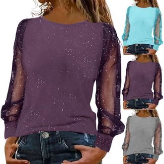Generico Chemisier pour femme &eacute;l&eacute;gant &agrave; paillettes, c&eacute;r&eacute;monie, haut en dentelle, manches longues, tee-shirt avec paillettes sexy, grande taille, blouse paillet