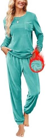 Ekouaer Ensembles de Pyjamas pour Femmes Ensemble de Loisirs en Velours &agrave; col Rond Long Ensemble de Pyjama dhiver Costume de Maison D&eacute;contract&eacute; Chaud Vert lac