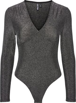 Pieces Womens Pcsandra Bodystocking Body, Black/Detail:Silver Lurex, Small