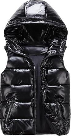 Generic Doudoune sans manches noire brillante pour femme, &agrave; capuche, sans manches, zipp&eacute;e, coupe ajust&eacute;e, taille L