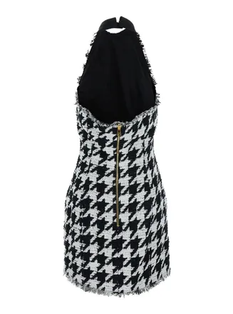 Balmain Womens Halterneck Mini Dress With Houndstooth Motif Black And White Tweed Satin