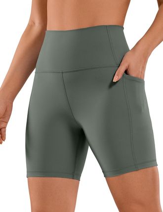 CRZ YOGA Naked Feeling Damen Radlerhose mit Taschen Hohe Taille Yoga Shorts Kurze Sporthose Sport Leggings Sportshorts - 15cm Grauer Salbei 44