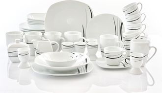 Retsch Arzberg Geschirr Set eckig Kombiservice 62-teilig COSMOS für 6 Personen/feinliniges Dekor/Das Rundum-Sorglos-Paket für Zuhause