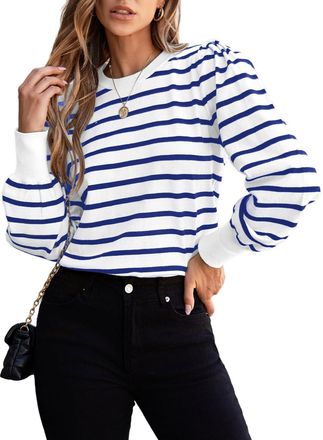 Dokotoo Pullover Damen Rundhals Gestreifter Strickpullover Elegant Herbst Winter Oberteile Pulli Langarmshirt, wei&szlig;, M