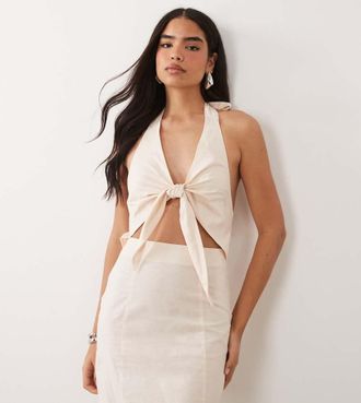 KAIIA Exclusivit&eacute; - Kaiia - Robe courte en lin m&eacute;lang&eacute; avec d&eacute;coupes et liens devant - Beige-Neutral