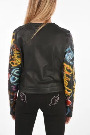 Philipp Plein COUTURE Leather Jacket GRAFFITI with printed sleeves Philipp Plein