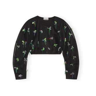 Ganni Femme, Blouses et Chemises, Noir, Taille: 38 FR Chemisier Court Orné de Perles