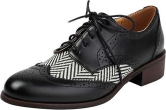 Rismart Femmes Classique Lacets Bouts dAiles Talon Epais Contrasté Oxford Chaussures Habillées Noir, 35.5 EU