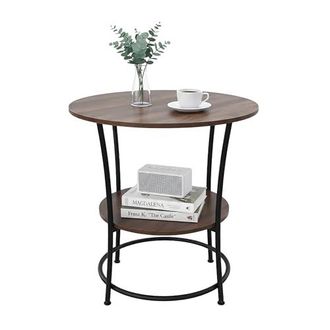 Relaxdays Beistelltisch, 2 Ablagen, HxD: 55 x 55 cm, Holzoptik & Metall, Sofatisch, runder Couchtisch, braun/schwarz