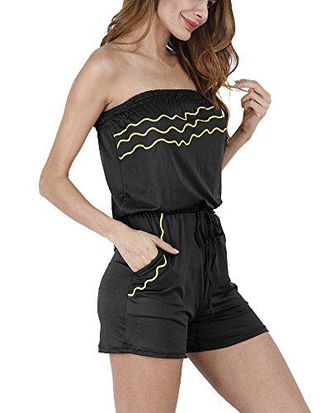 DianShao Combishort Femme Chic Bustier sans Bretelles Dos Nu Mode Jumpsuit Plage Combinaison Short Noir M